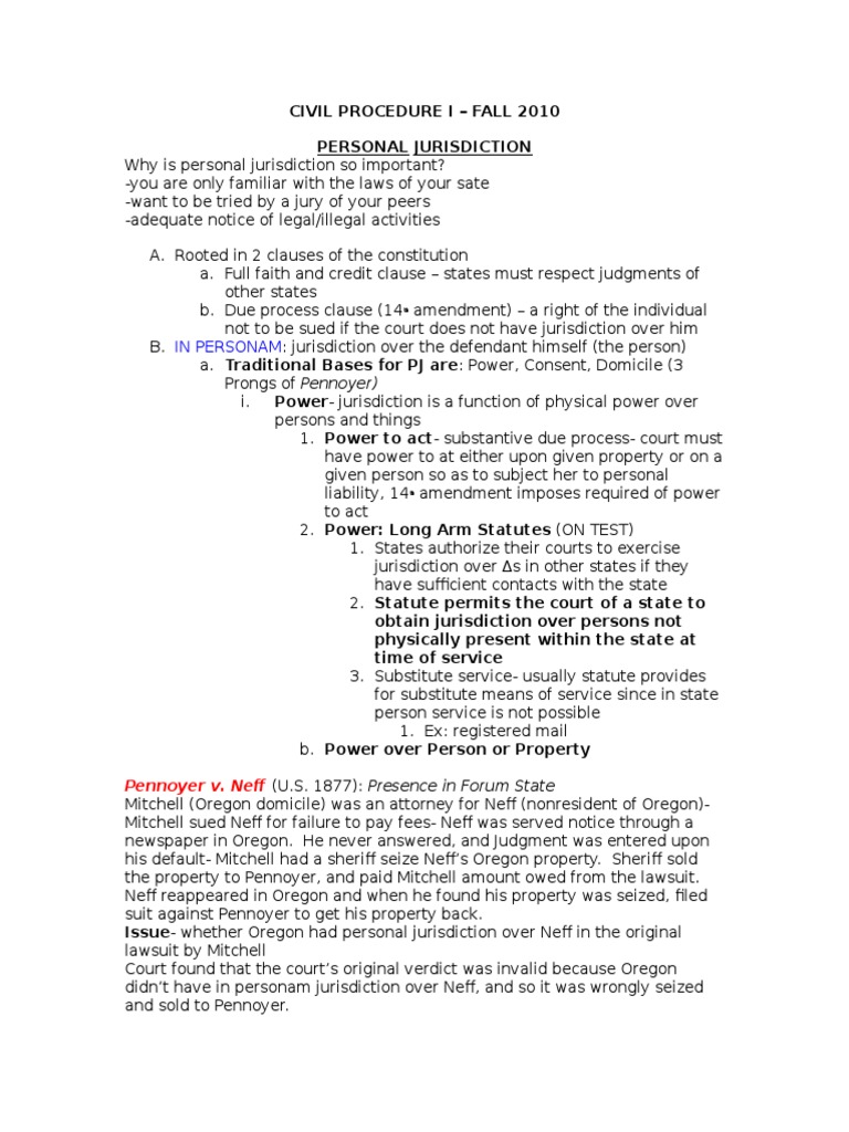 Civ Pro Outline | PDF | Minimum Contacts | Personal Jurisdiction