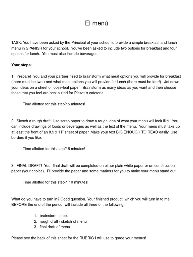 El Menu Assignment Rubric | PDF | Menu | Meal