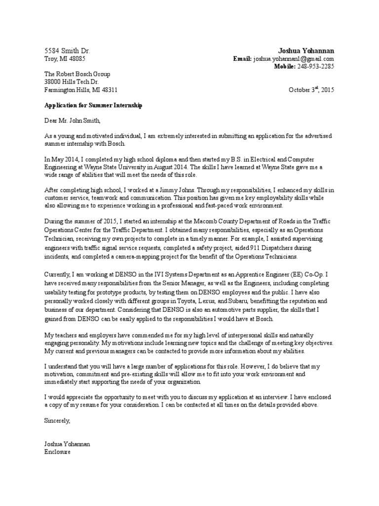 Cover Letter For Resume-Bosch | PDF | Internship | Job Hunting