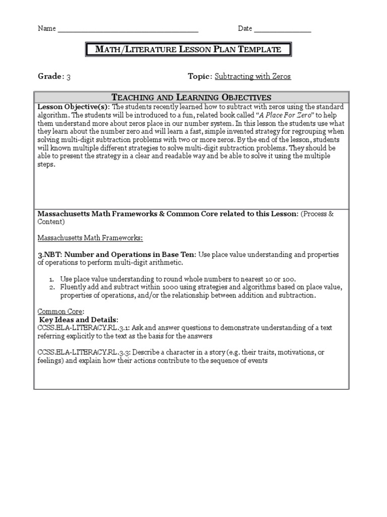 Subtracting with Zeros: Grade 3 Lesson Plan | PDF | Numbers | Algorithms