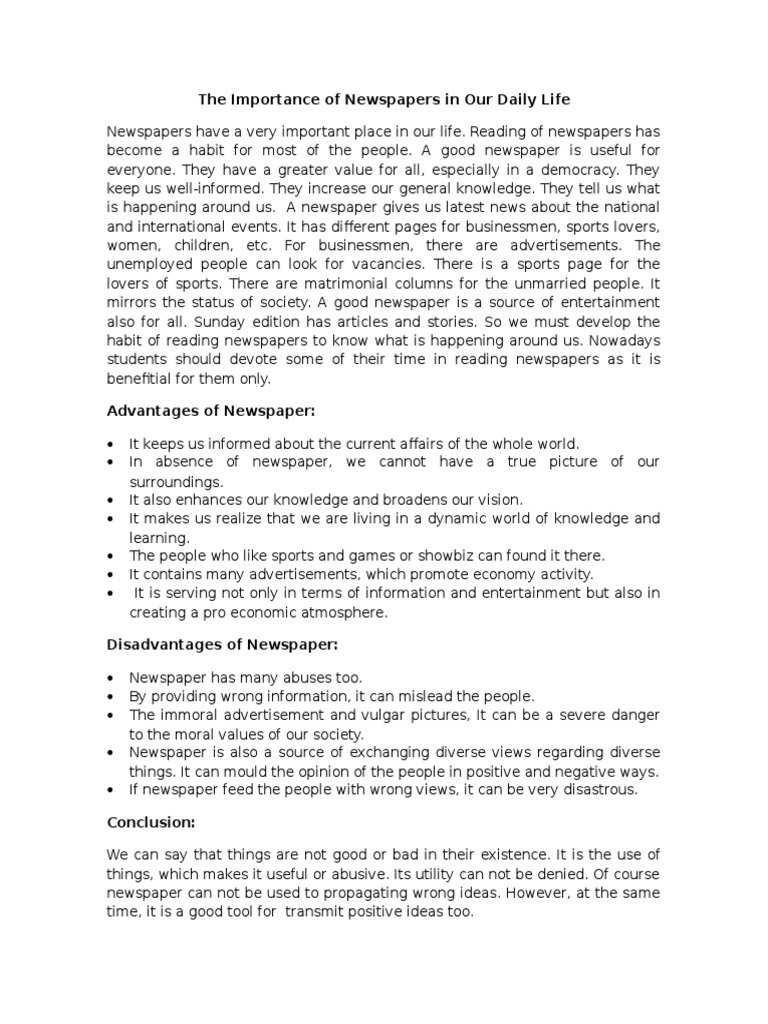 The Importance of Newspapers in Our Daily Life | PDF | Newspapers ...