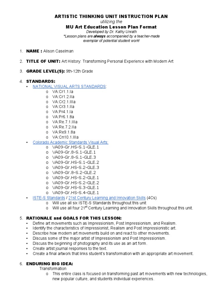 Artistic Thinking Unit Instruction Plan MU Art Education Lesson Plan ...