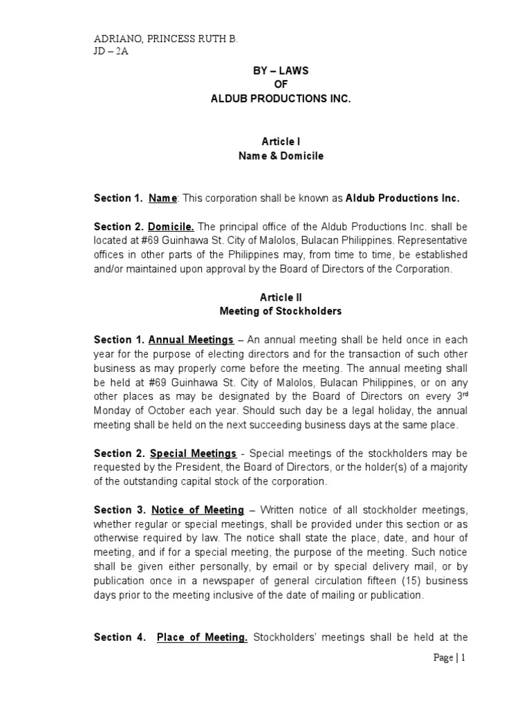 Sample Bylaws for Aldub Productions Inc. | PDF | Proxy Voting | Board ...