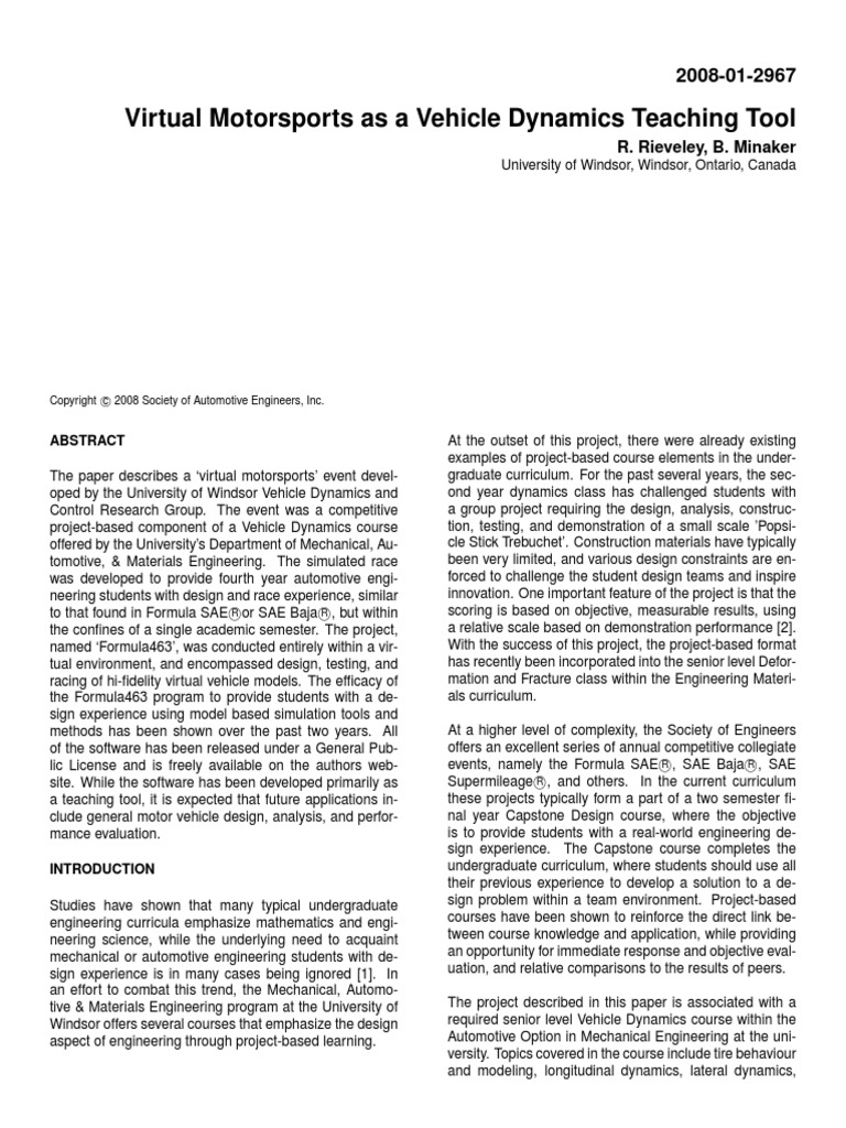 Virtual Motorsports As A Vehicle Dynamics Teaching Tool | PDF ...