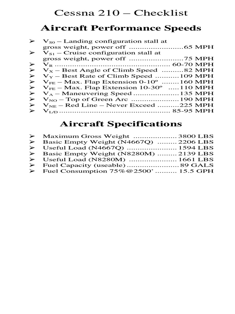 Cessna 210 Performance and Checklists | PDF | Flap (Aeronautics ...
