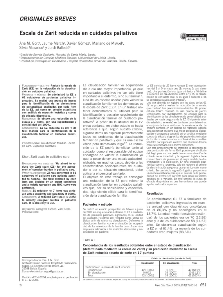 Escala de Zarit Reducida en Paliativos | PDF | Regresión logística ...