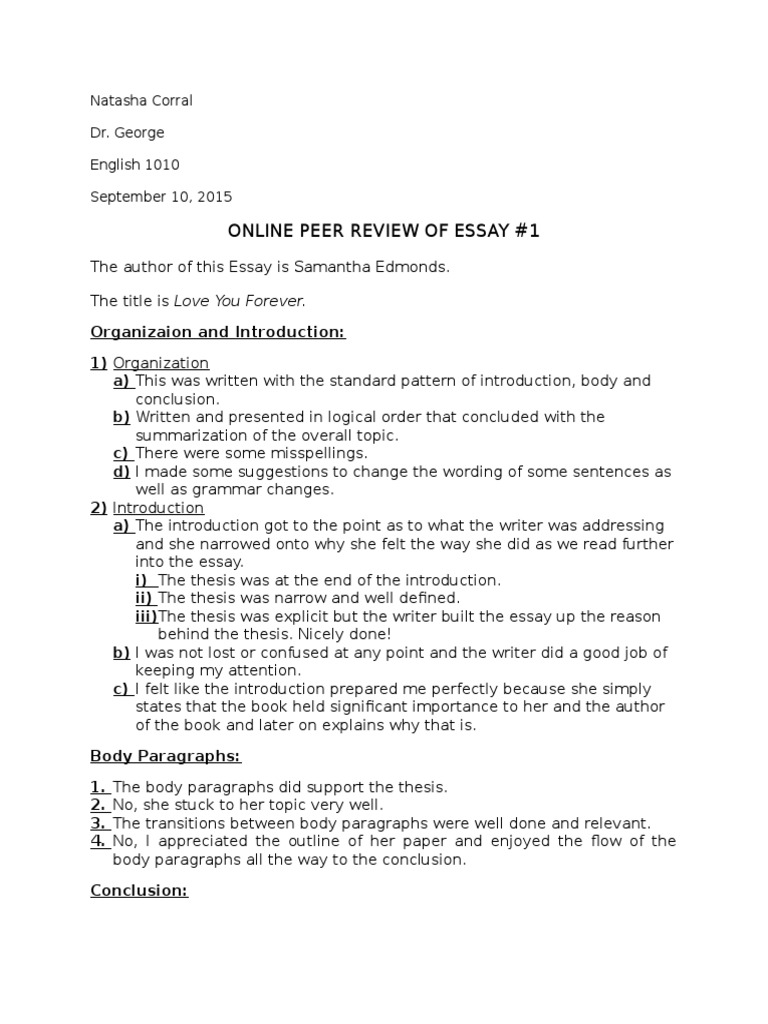 Peer Review of "Love You Forever" Essay | PDF | Career & Growth ...