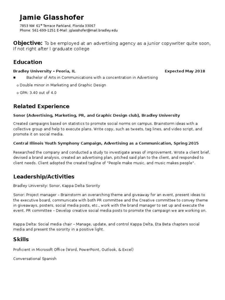 Junior Copywriter Resume - Jamie Glasshofer | PDF | Business