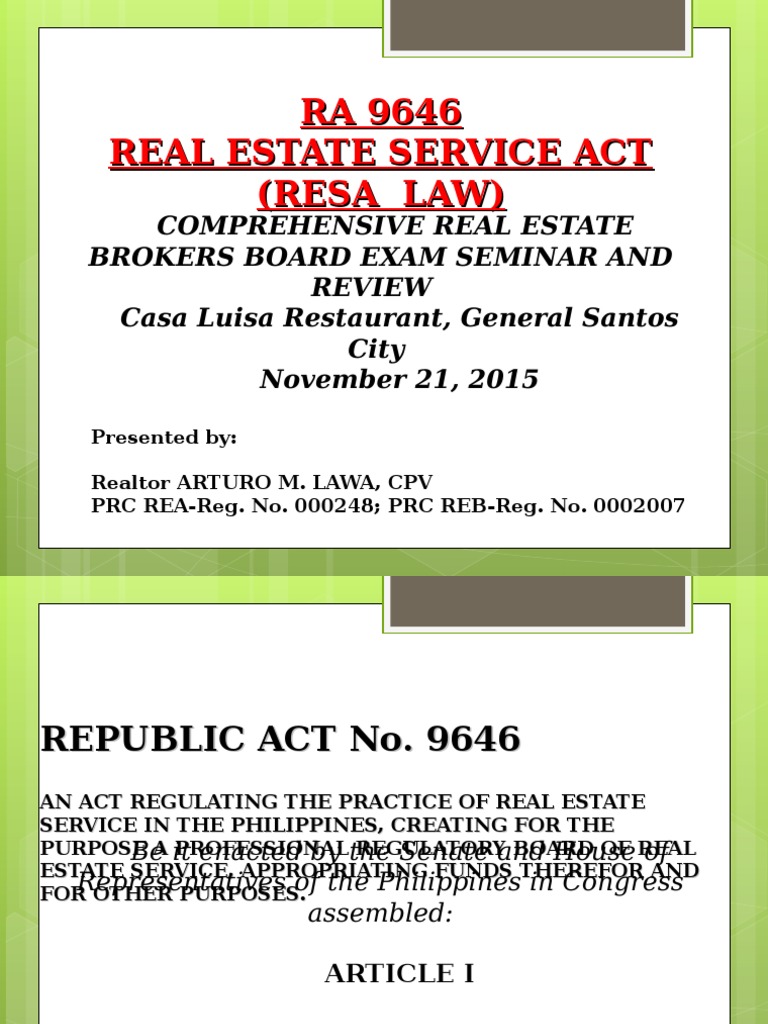 Lawa Ra 9646 Resa Law Nov21 | PDF | Real Estate Appraisal | Licensure