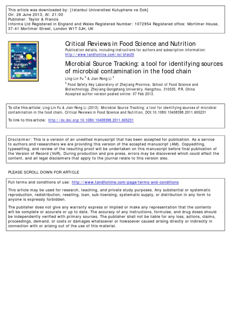 Microbial Source Tracking A Tool For Identifying Sources of Microbial Contamination in The Food ...