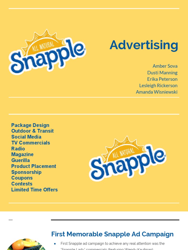 Snapple Lady: Iconic Ad Campaigns | PDF | Television Advertisement ...