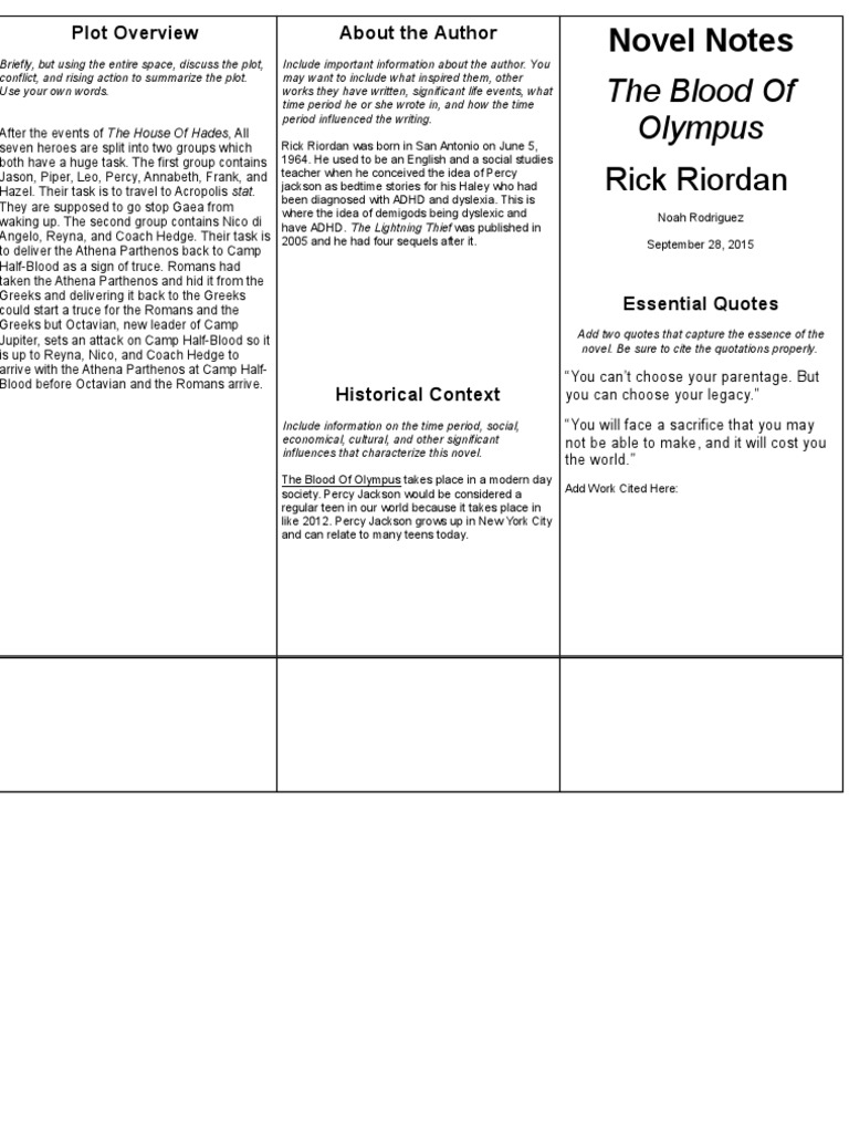 The Blood of Olympus: Plot Summary & Themes | PDF | Rick Riordan ...