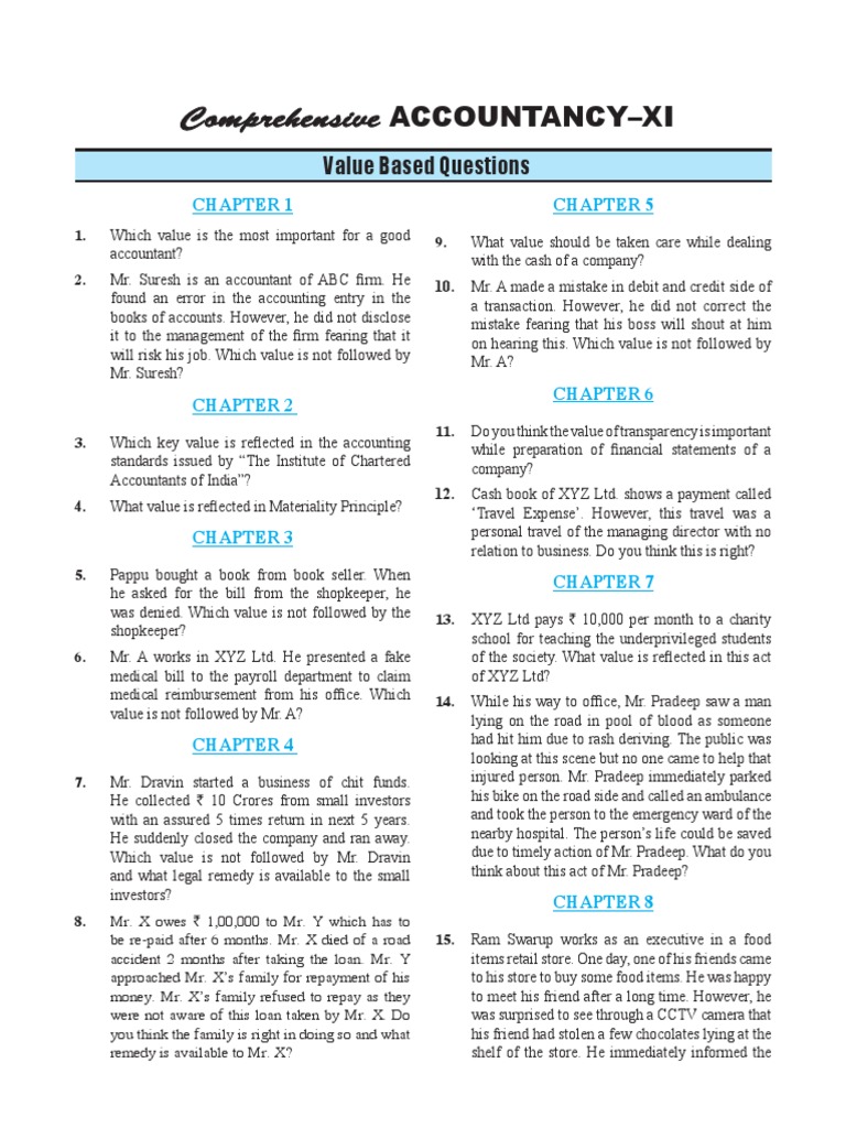 Value Based Questions Accountancy XIth PDF | PDF | Cheque | Accounting