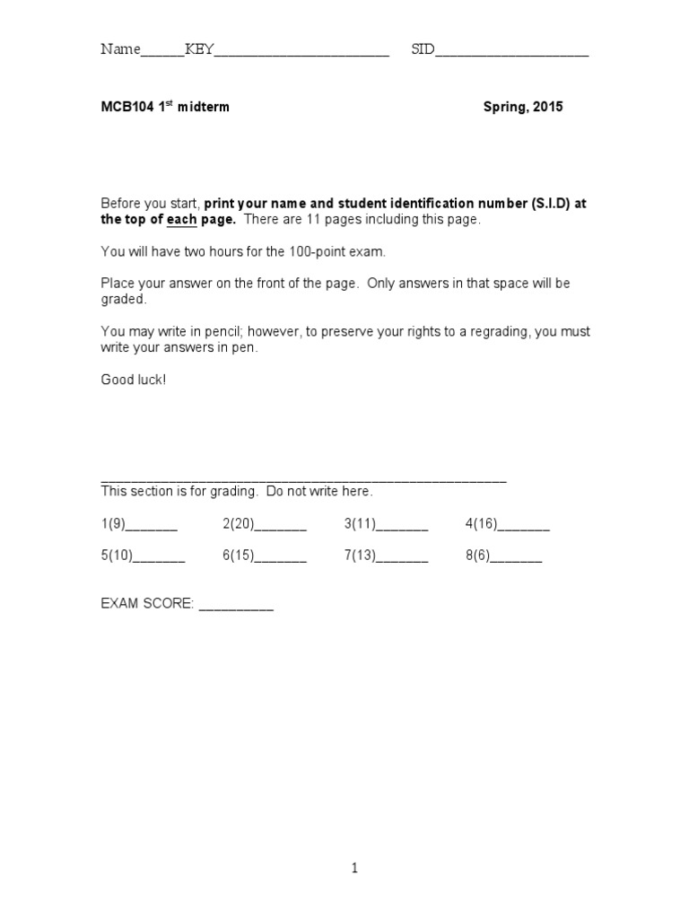 UCB MCB 104 Midterm 1 Key 2015 | PDF | Zygosity | Mutation