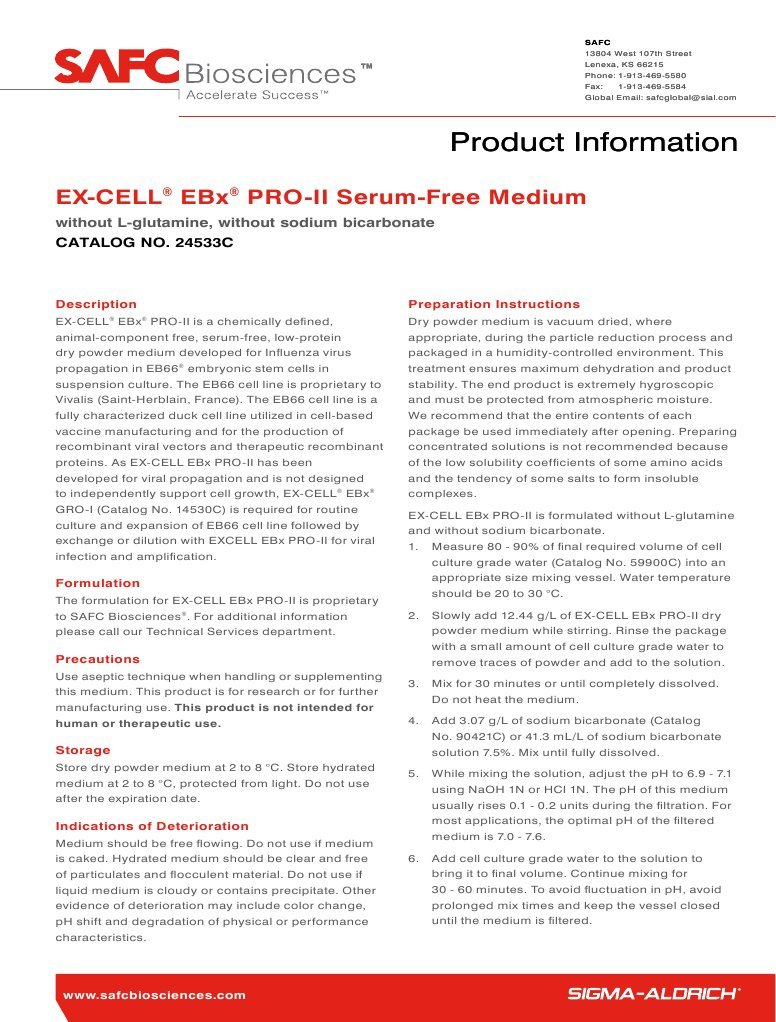 EX-CELL® EBx® PRO-II Serum-Free Medium without L-glutamine, without ...