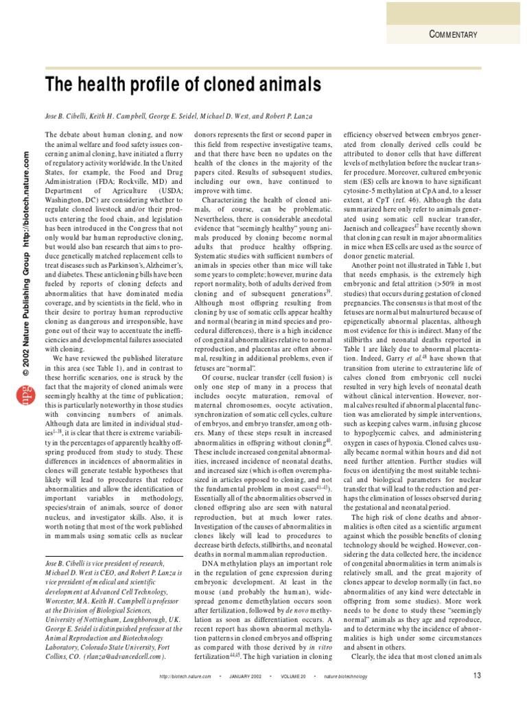 The Health Profile of Cloned Animals | PDF | Dna Methylation | Cloning