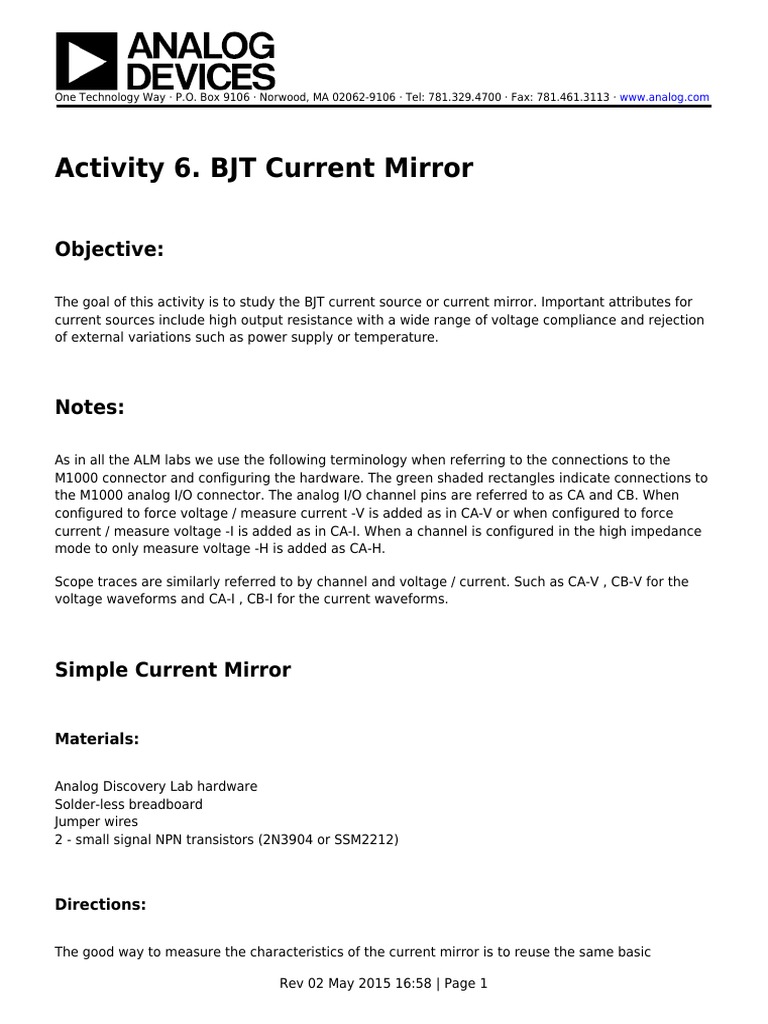Activity 6. BJT Current Mirror | PDF | Bipolar Junction Transistor ...