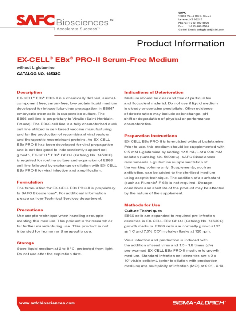 EX-CELL® EBx® PRO-II Serum-Free Medium Without L-Glutamine | Download ...