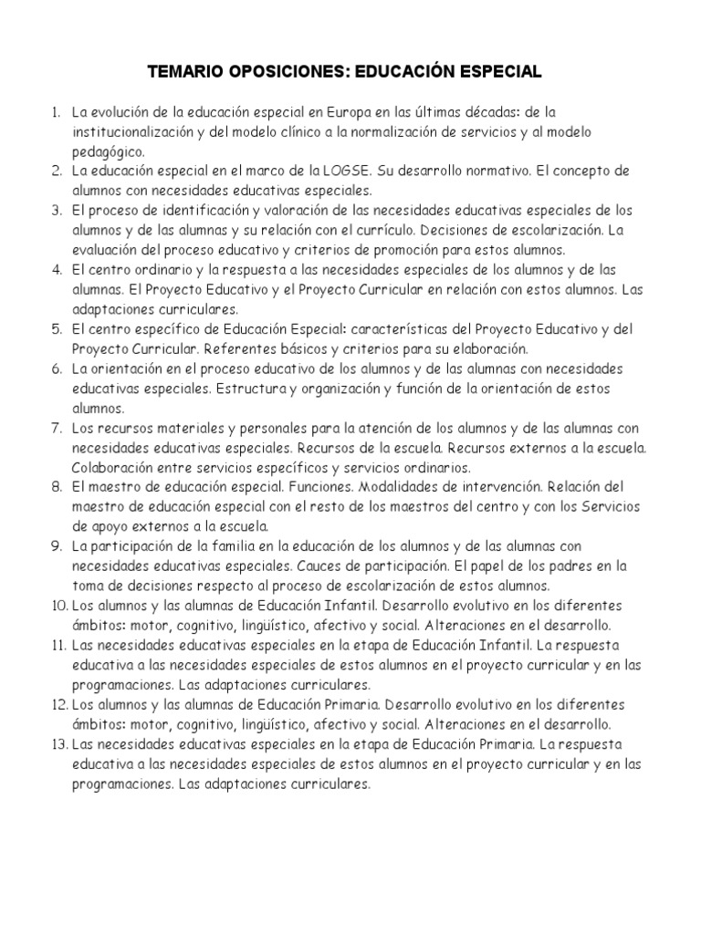 Temario Oposiciones Educación Especial | PDF | Educación especial | Conceptos psicologicos