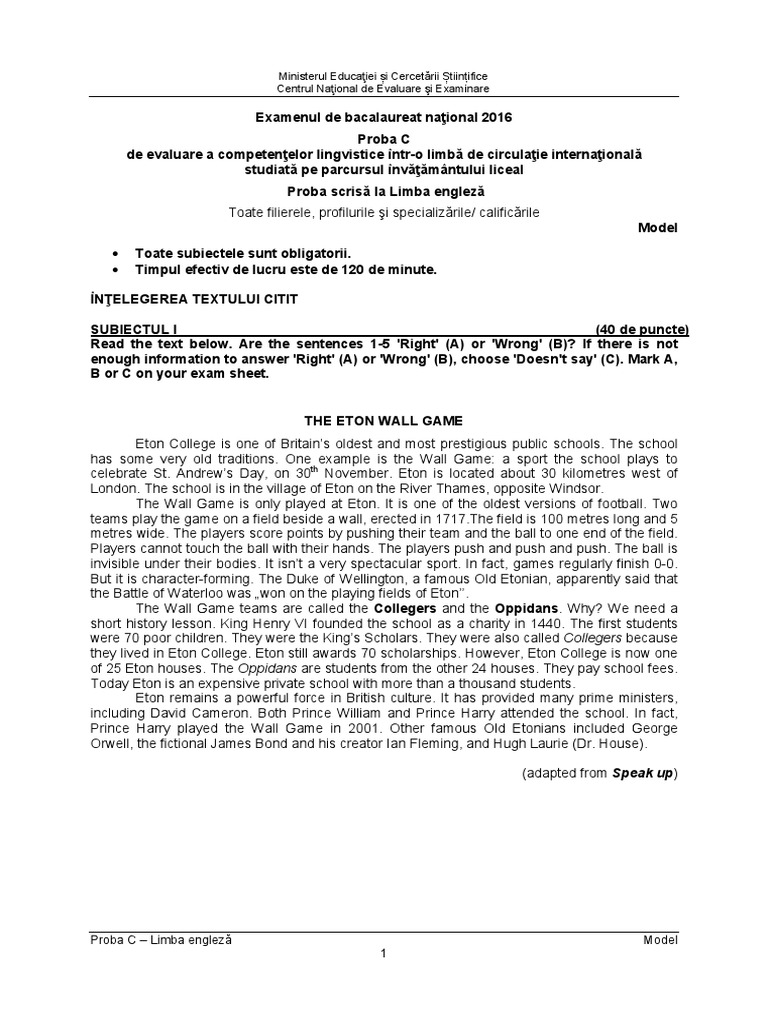C Limba Engleza Scris 2016 Model Subiect | PDF