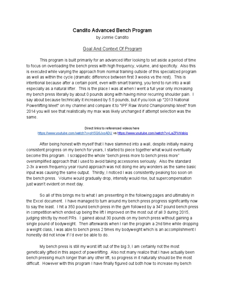 Candito Advanced Bench Program | PDF | Weightlifting | Sports