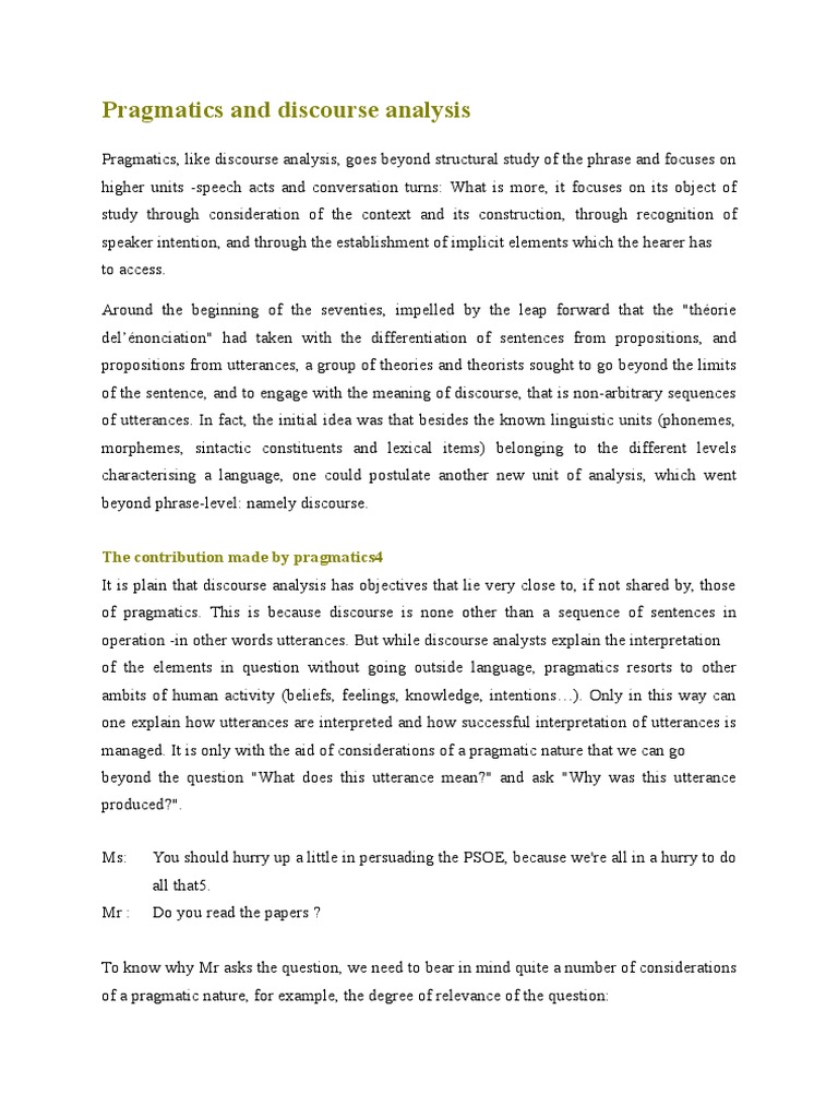 Pragmatics and Discourse Analysis | PDF | Ellipsis | Genre