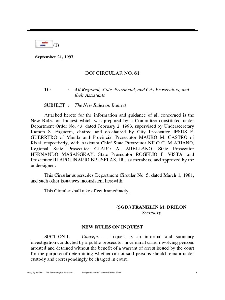 DO Circular 61_New Rule on Inquest | Arrest | Prosecutor