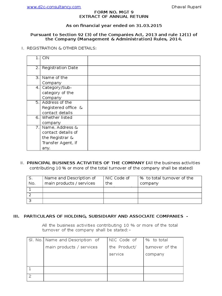 MGT-9 Annual Return Extract 2015 | PDF | Loans | Debt