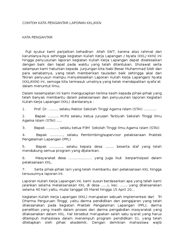 Contoh Kata Pengantar Laporan KKL | PDF