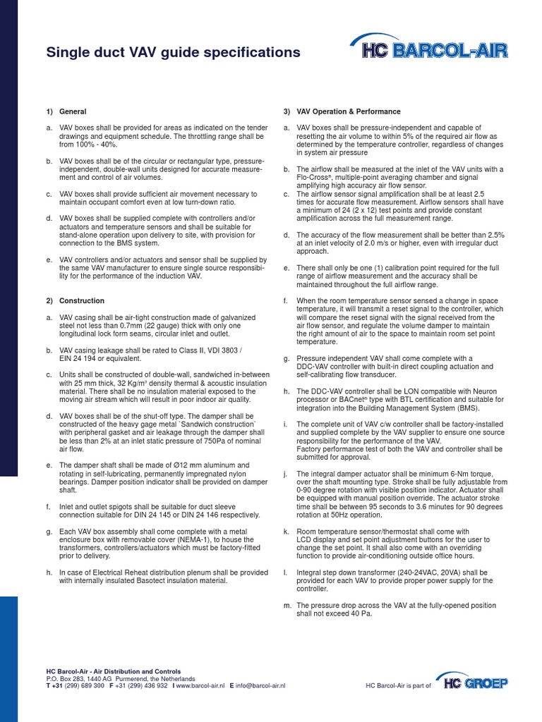 Single Duct VAV Guide Specification | PDF | Flow Measurement | Duct (Flow)