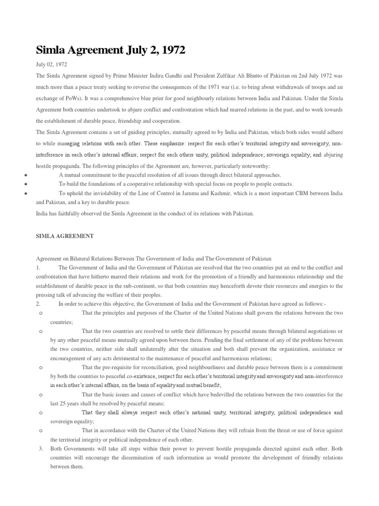Simla Agreement July 2 1972 | PDF | India–Pakistan Relations | Pakistan