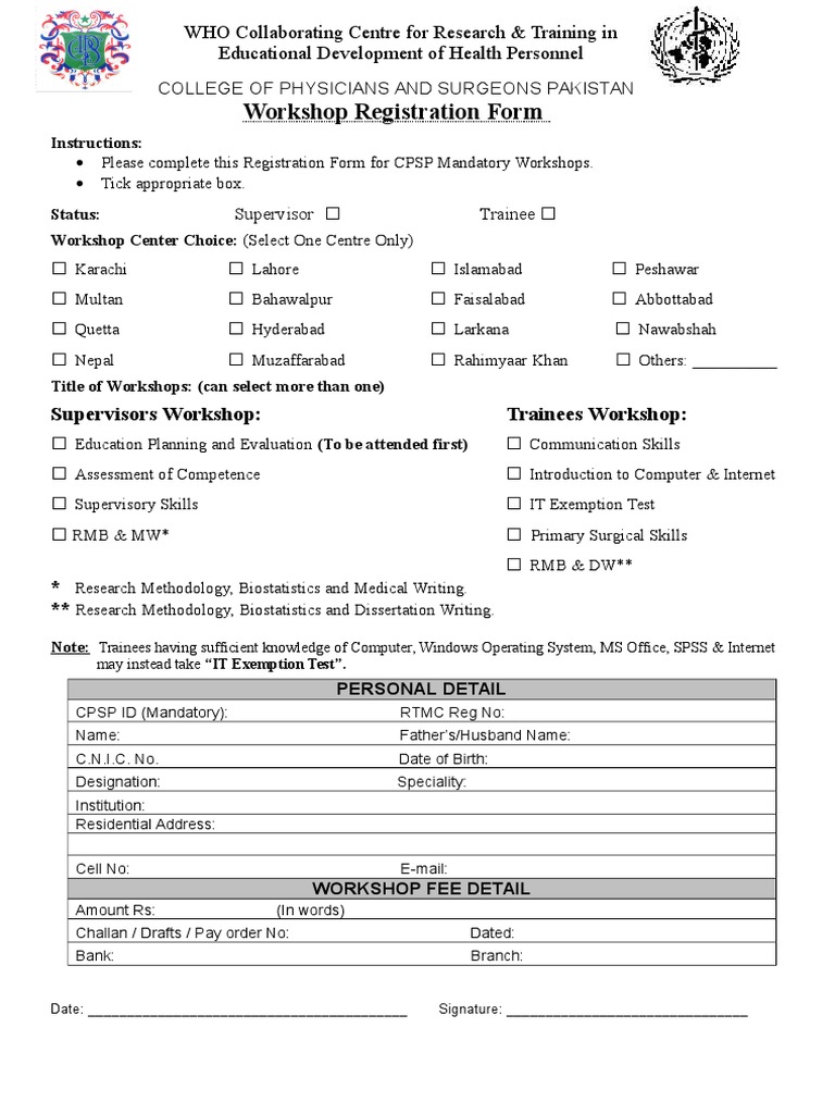 Workshop Registration Form: Supervisors Workshop: Trainees Workshop ...