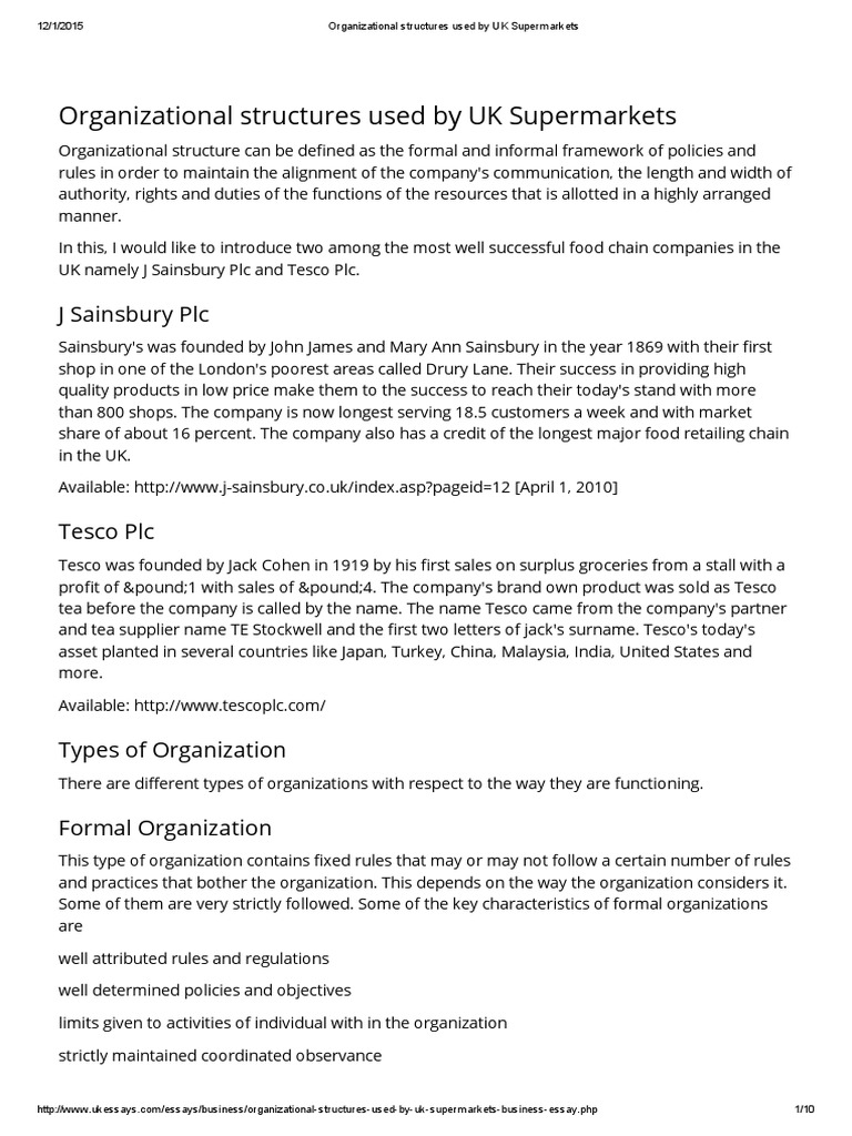 Organizational Structures Used by UK Supermarkets PDF | PDF ...