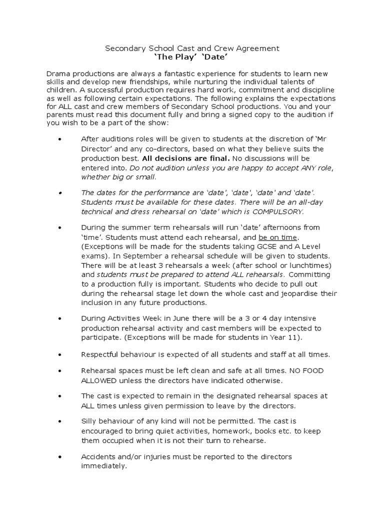 School Production Cast Agreement | PDF | Secondary School | Audition