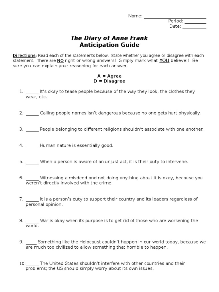 Anticipation Guide - Anne Frank | PDF