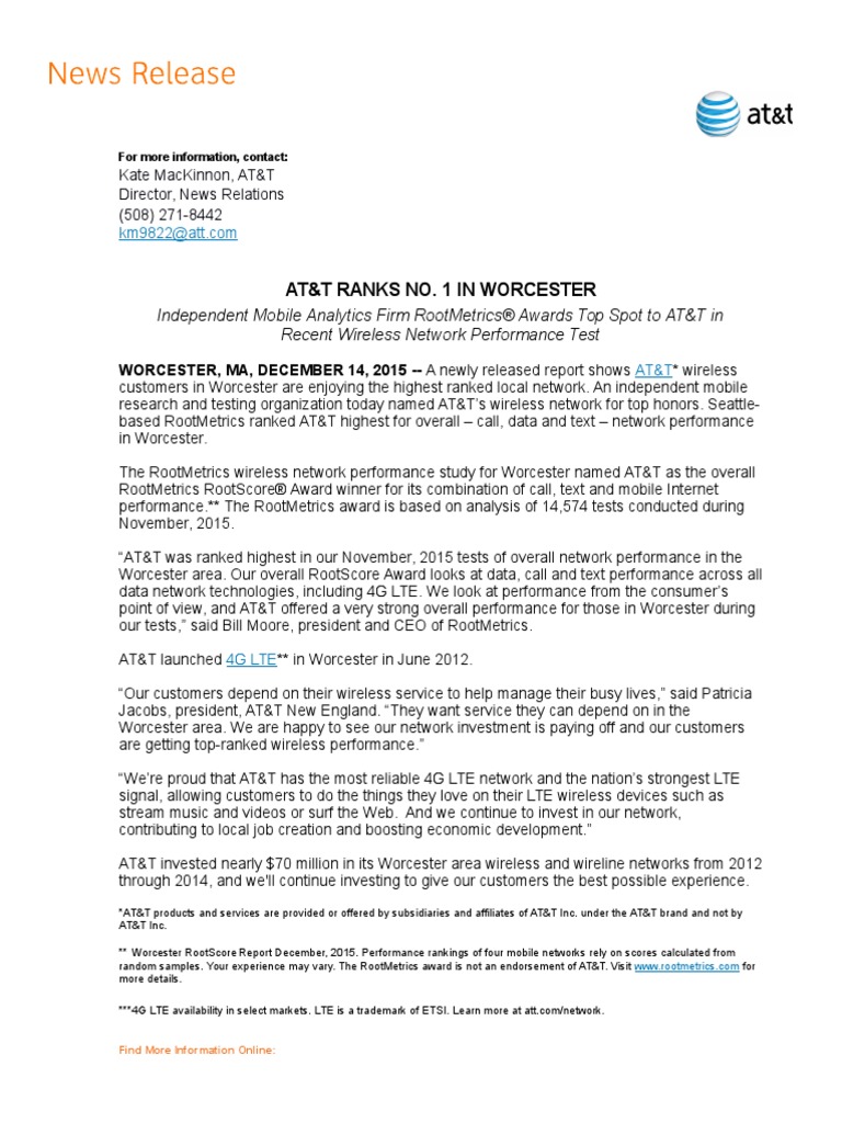 ATT Worcester RootMetrics Ranking Press Relase | PDF | At&T Mobility | 4 G