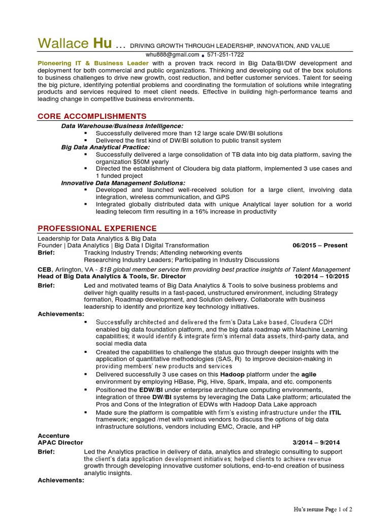 Data Analytics IT Director in USA Resume Wallace Hu | PDF | Big Data ...