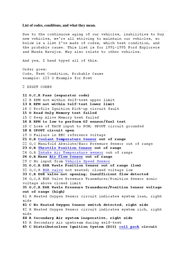 Ford OBD1 Codes | PDF | Throttle | Ignition System