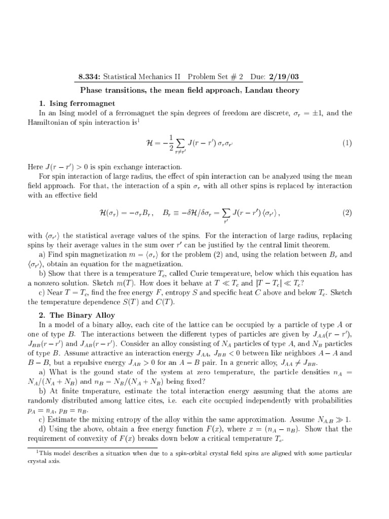 8.334: StatMech II Problem Set #2 | PDF | Ferromagnetism | Solid State ...