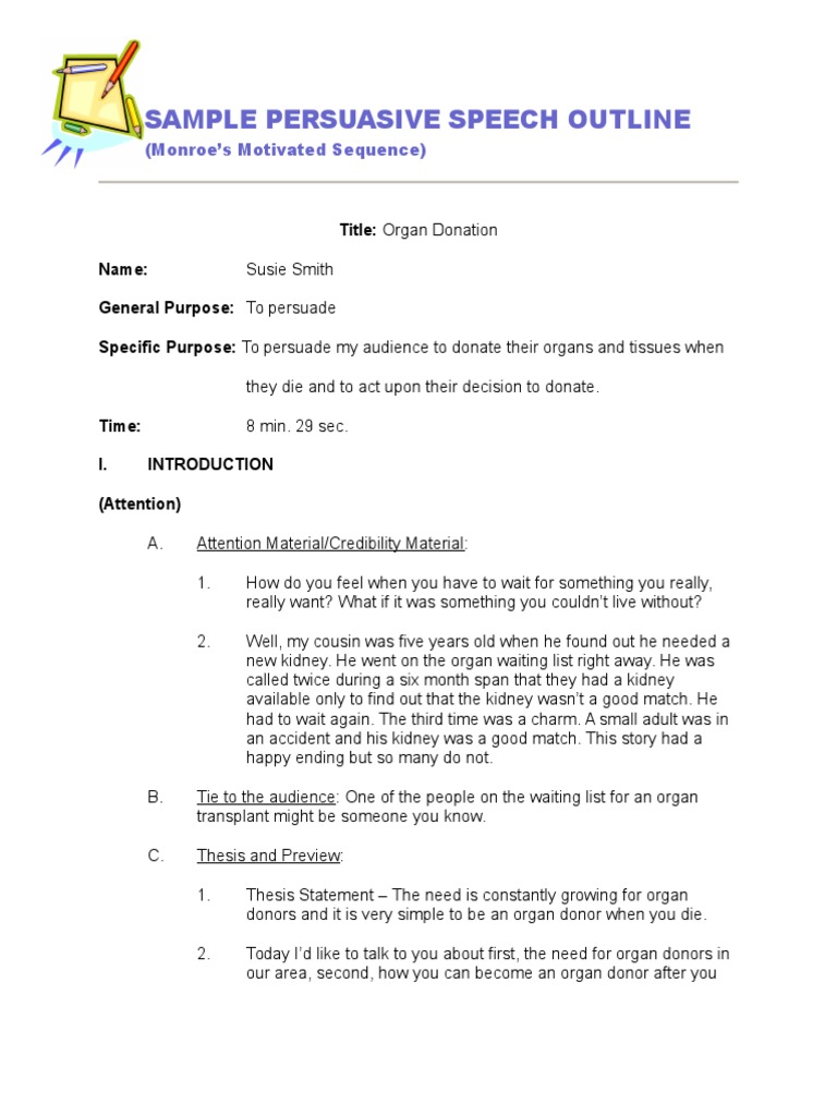 SAMPLE PERSUASIVE SPEECH OUTLINE - Monroe's.doc | Organ Donation ...