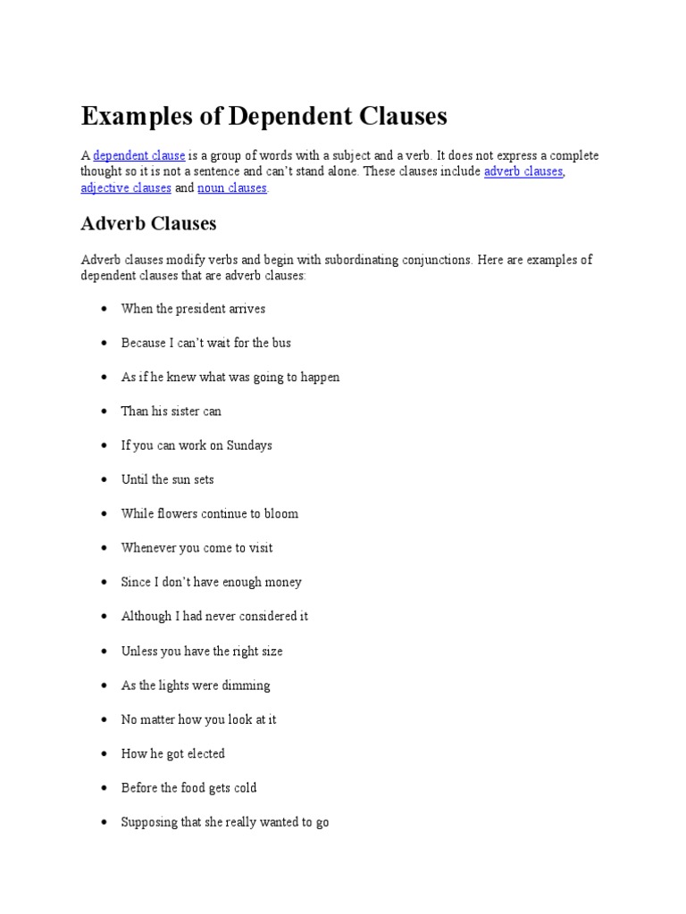 Examples of Dependent Clauses | PDF | Clause | Adjective