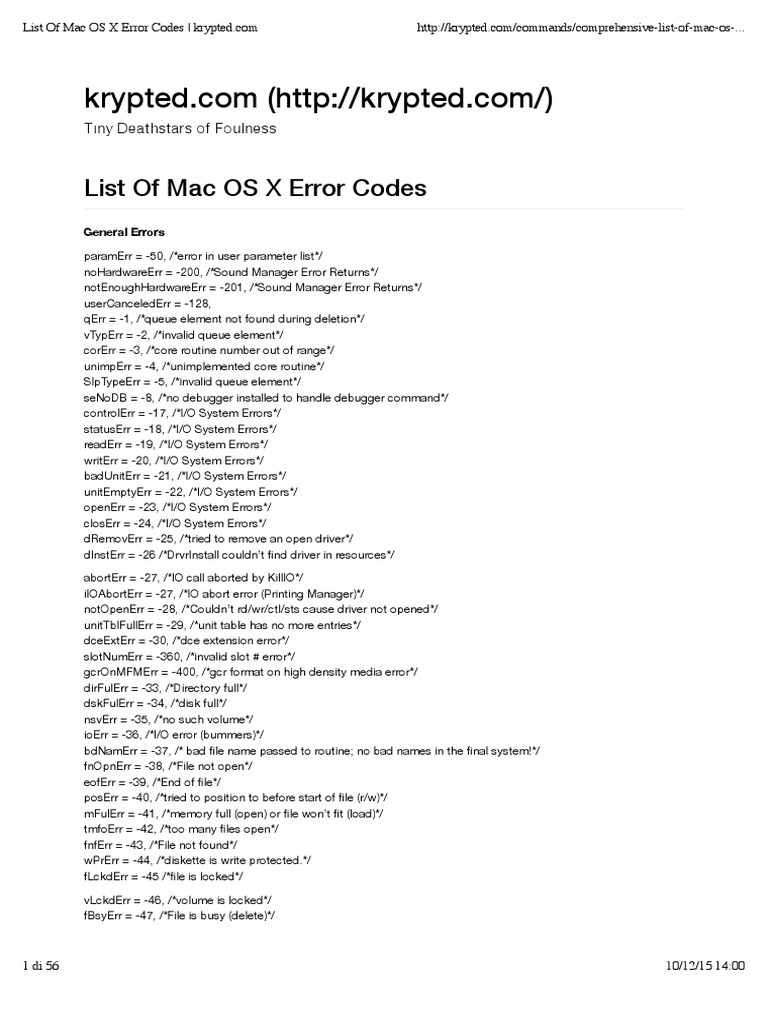 List of Mac OS X Error Codes | PDF | Computer File | Computer Engineering