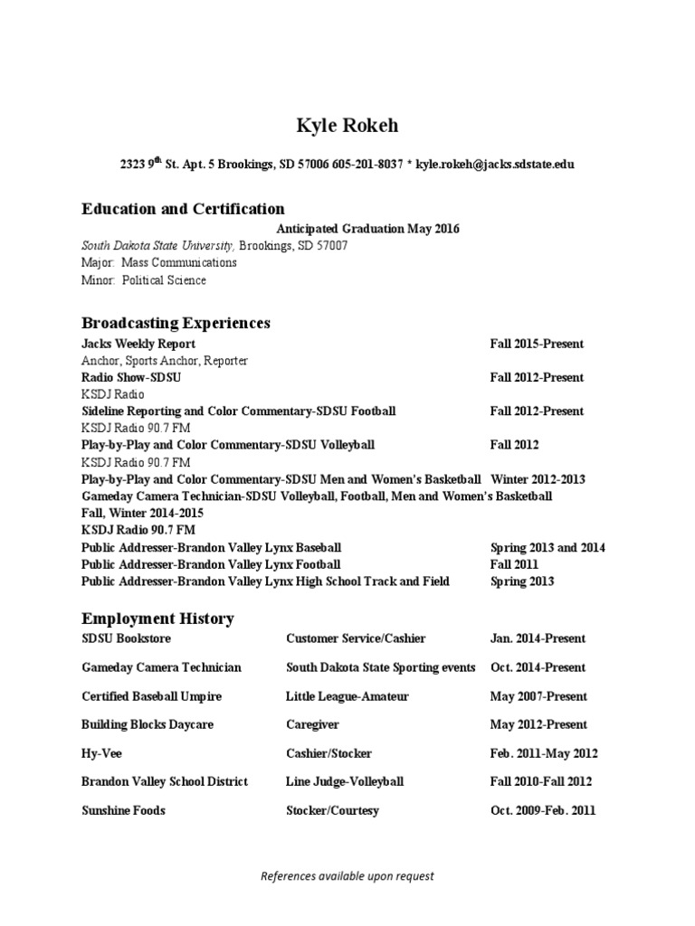 Kyle Rokeh's Sports Broadcasting Resume | PDF