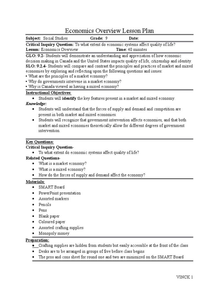 Economics Overview Lesson Plan: Knowledge | PDF | Market Economy ...