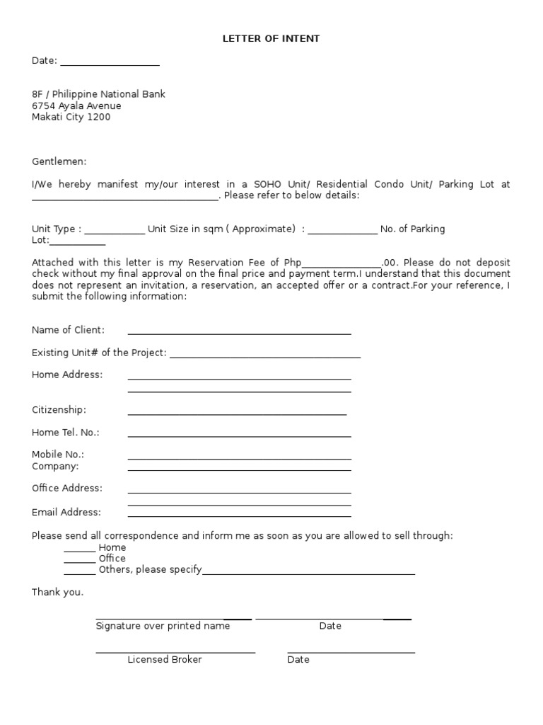 LOI Template for Property Reservation | PDF