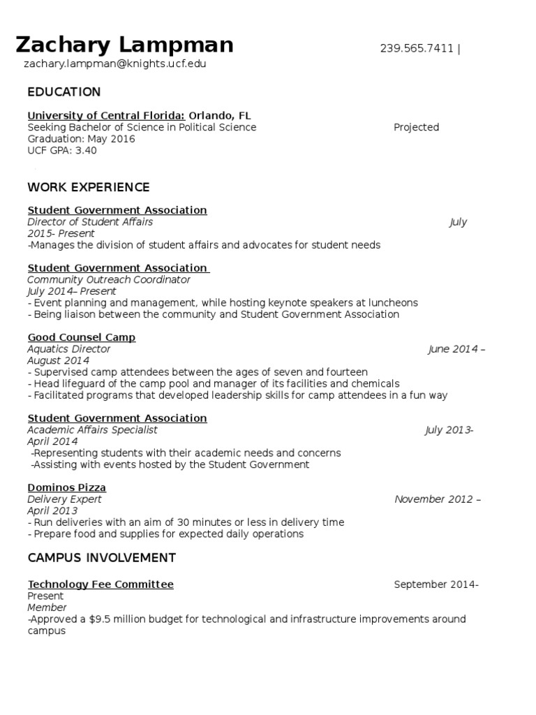 Zachary Lampman: Political Science Student Resume | PDF | Career ...