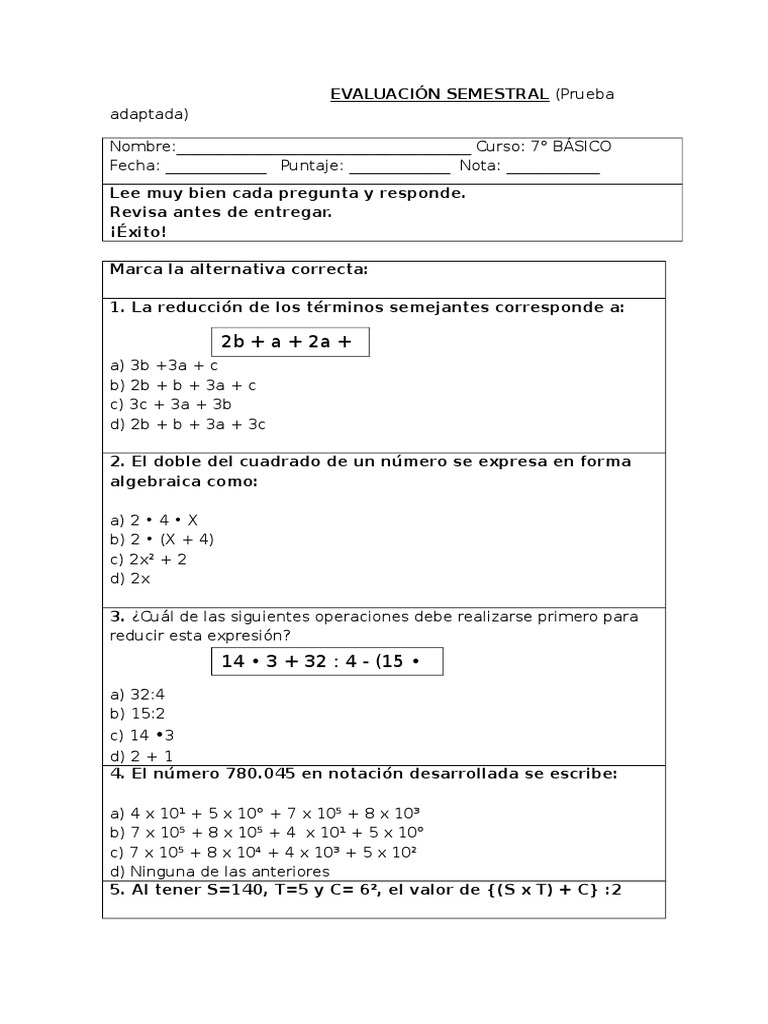 Prueba Semestral Matemáticas Septimo | PDF