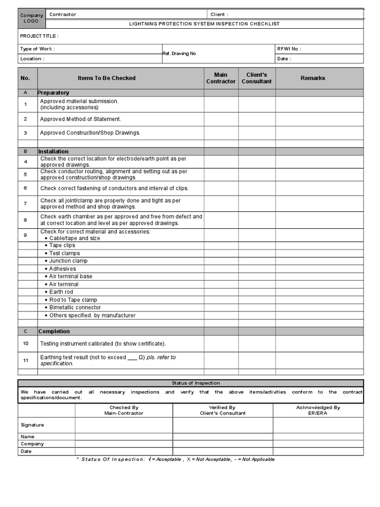 E - Lightning Protection System INSPECTION CHECKLIST | PDF ...