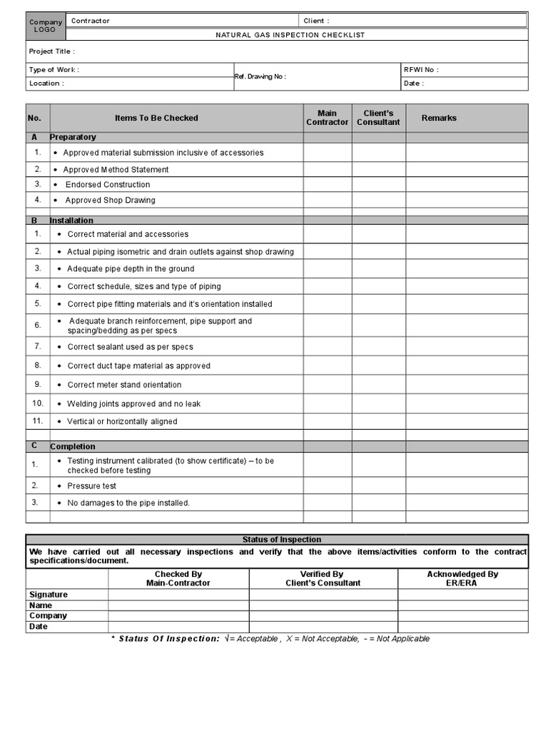 Natural Gas Inspection Checklist | PDF | Technology & Engineering