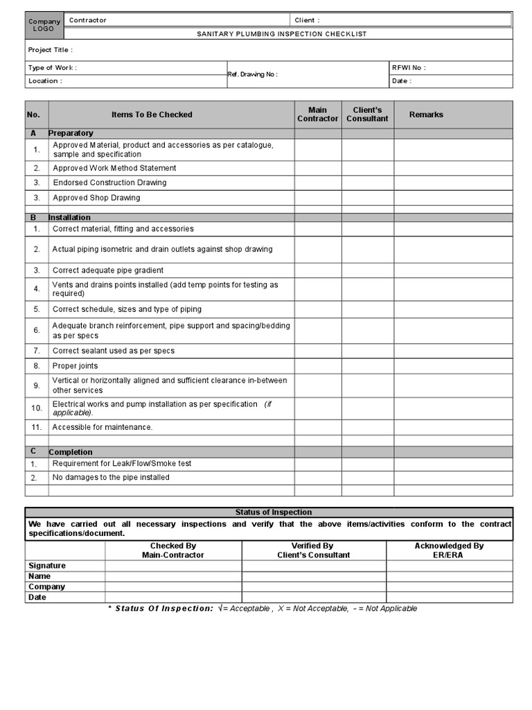M - Sanitary & Plumbing INSPECTION CHECKLIST | PDF | Plumbing ...